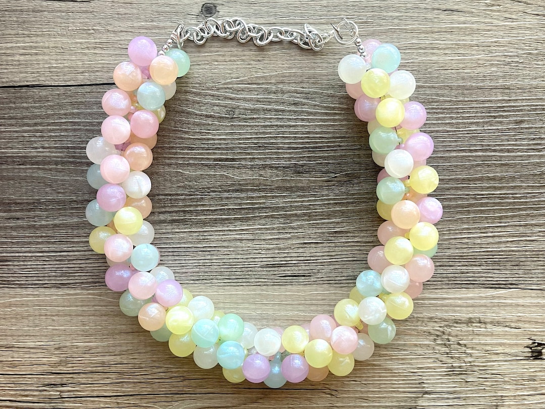 Misty Morning Pastel Rainbow Beaded Necklace, Colorful Jewelry, Chunky ...