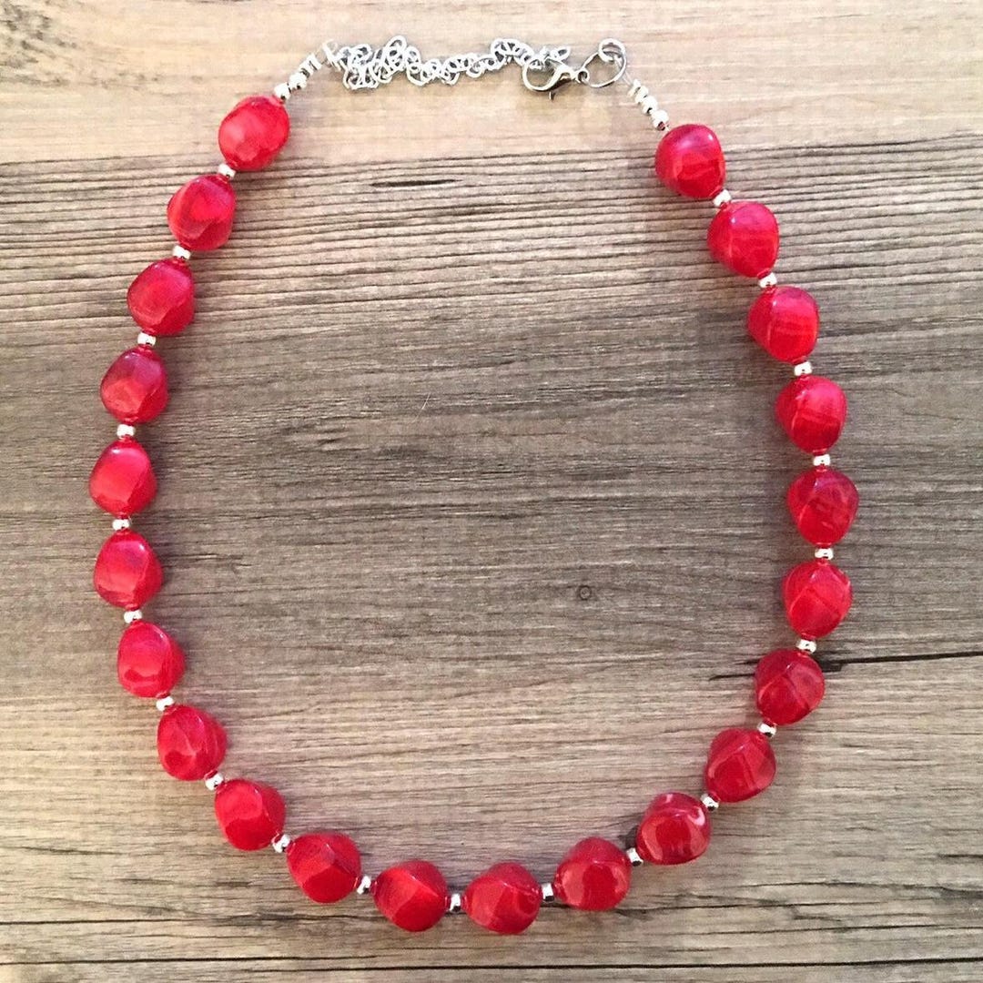 Bright Red Single Strand Big Beaded Statement Necklace, Red Beaded ...