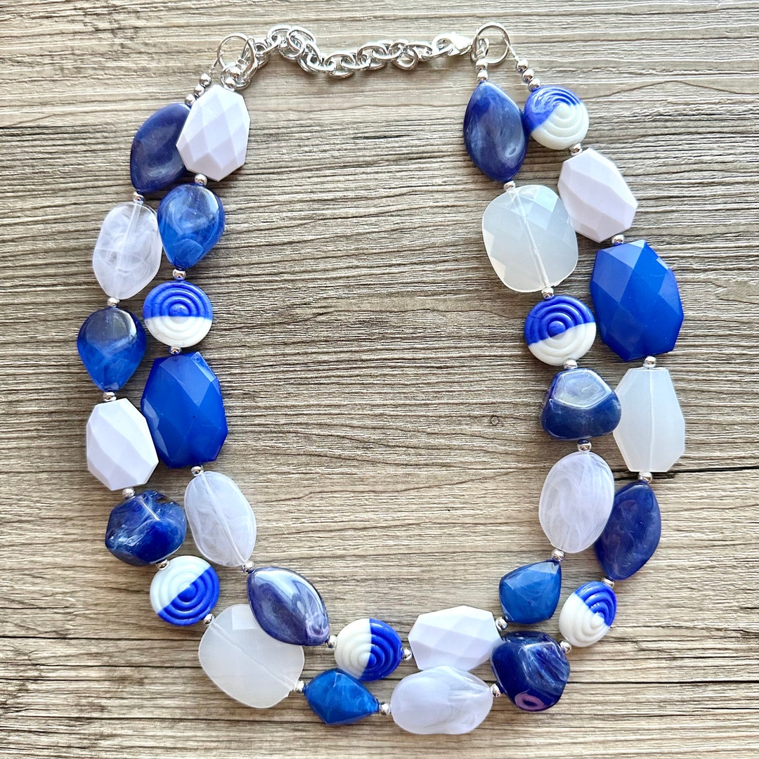 Royal Blue & White Ombre Necklace, Double Strand Jewelry, Big Beaded ...