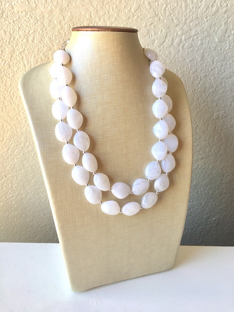 Double Layer White Chunky Statement Necklace, Bib Jewelry Cloudy White ...