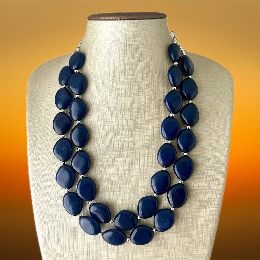Midnight Navy Blue Statement Necklace, Chunky Bib Beaded Jewelry, Dark ...
