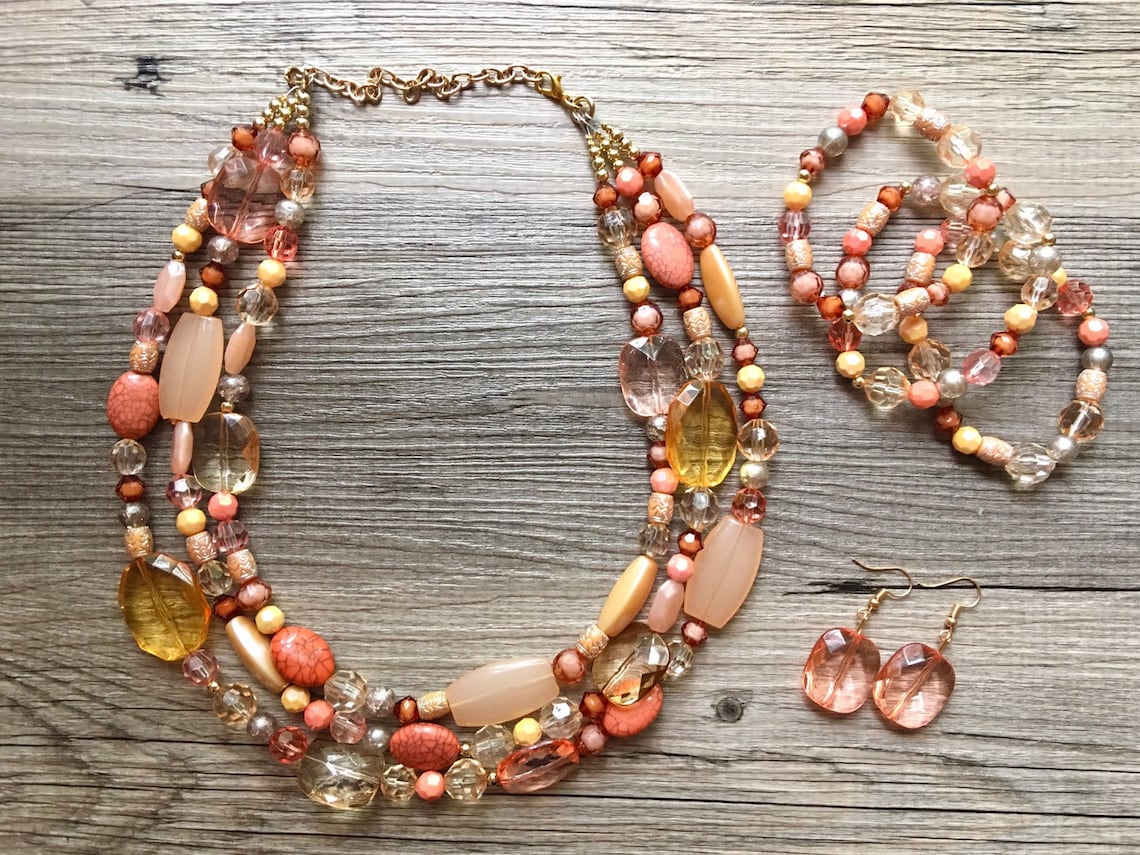 Peach Chunky Statement Necklace & Stretch Bracelet Set Triple | Etsy