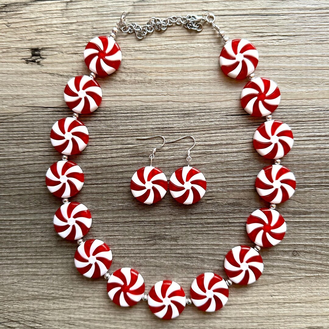 Christmas Necklace, Peppermint Candy Chunky Single Strand of Resin ...