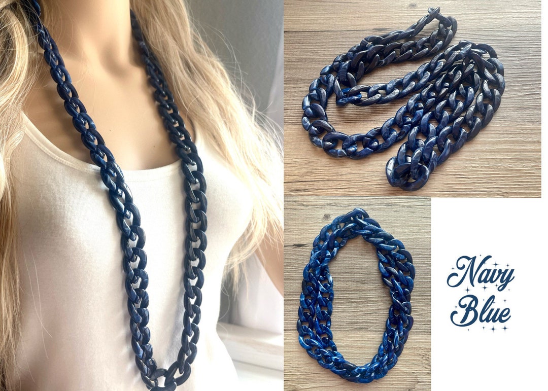 Long Acrylic Necklace, Navy Blue Linking Acetate Necklace, Chain ...