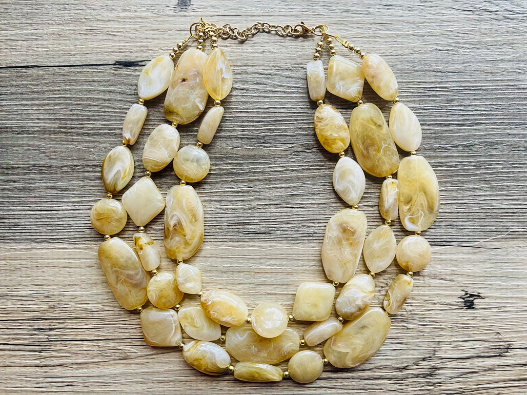 Tan Gold Chunky Statement Necklace, Multi Strand Beaded Jewelry, Brown ...