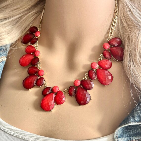 Vintage Cherry Red Chunky Statement Necklace Beaded J… - Gem