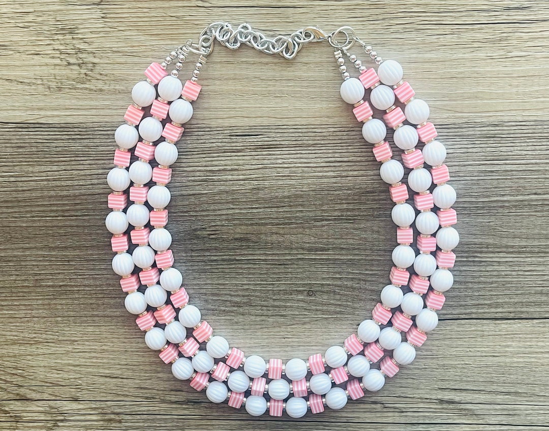 Blush Pink + White Statement Jewelry, Chunky Beaded Necklace, Pink ...