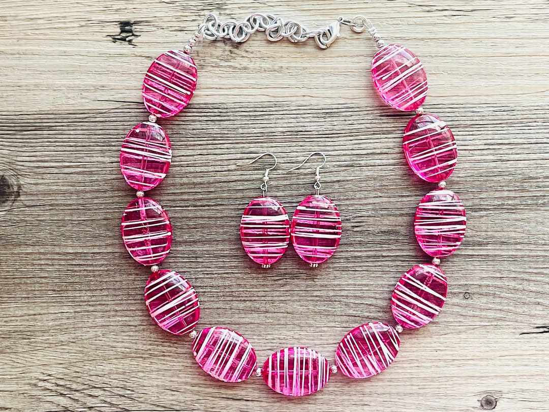 Hot Pink Striped Single Statement Necklace, Earrings Chunky Jewelry Big ...