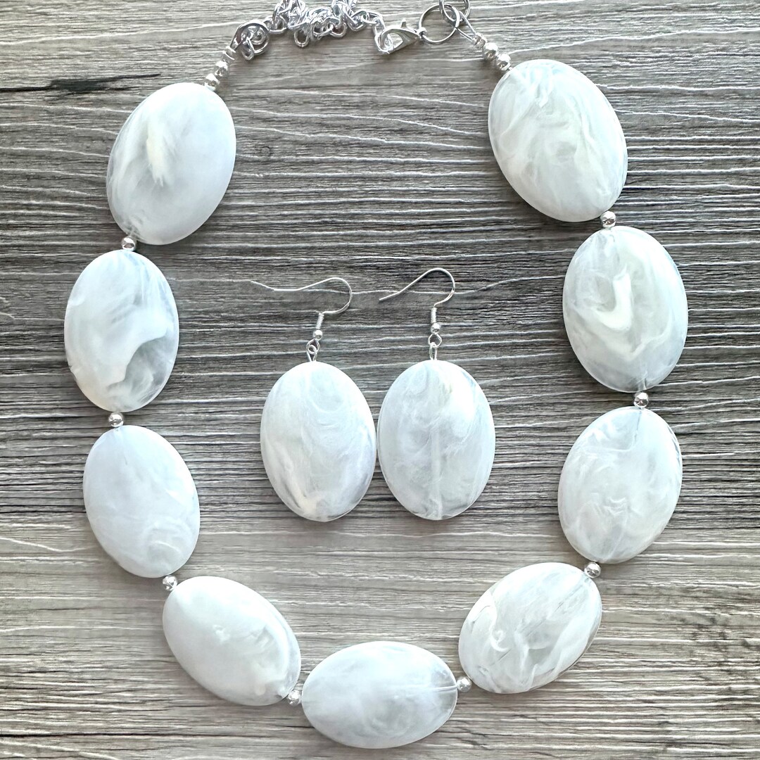 Cream Oval Big Bead Necklace, Single Strand Statement Jewelry, Cream ...