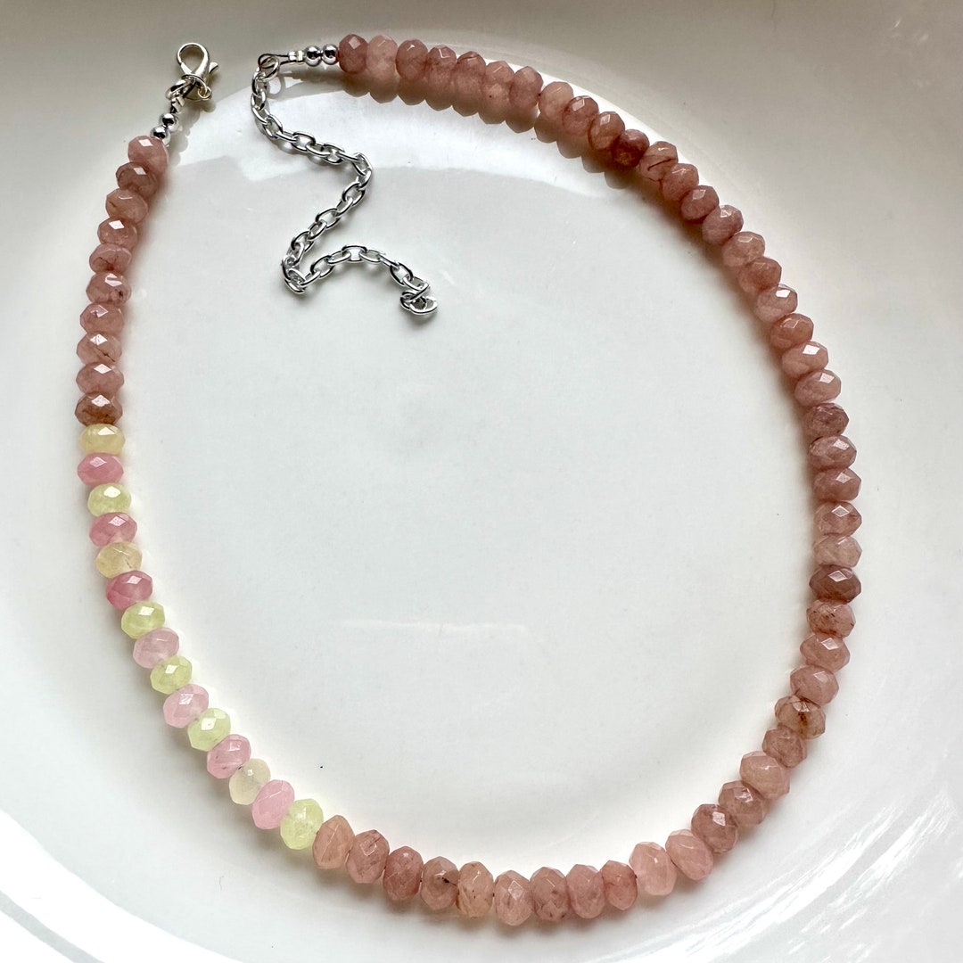Neapolitan Gelato Gemstone Single Strand Beaded Statement Necklace, Tan ...