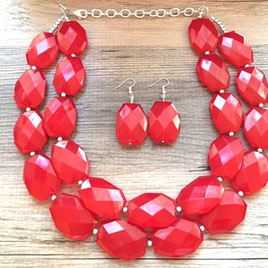 Cherry Red Chunky Necklace, Bright Red Jewelry Set, Big Beaded Chunky ...