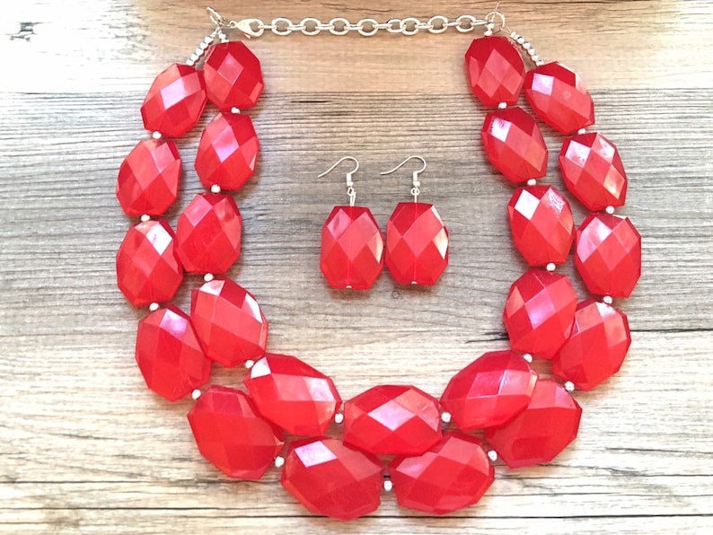 Cherry Red Chunky Necklace, Bright Red Jewelry Set, Big Beaded Chunky ...