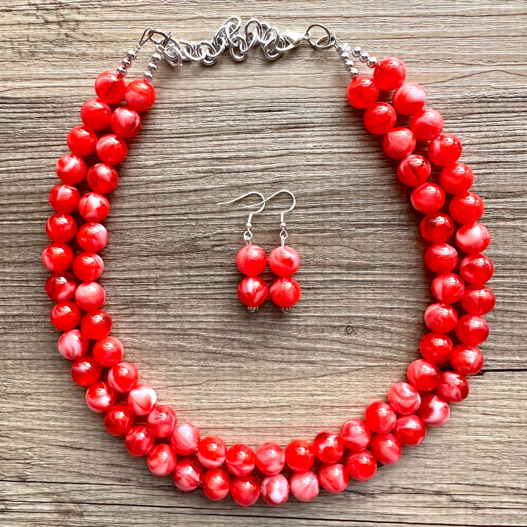 Cherry Red 2 Strand Big Beaded Statement Necklace, Red Beaded Necklace ...