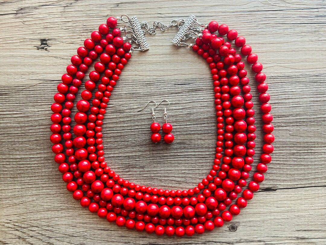 Red Graduated 5 Strand Statement Necklace, Dark Red Big Beaded Chunky ...