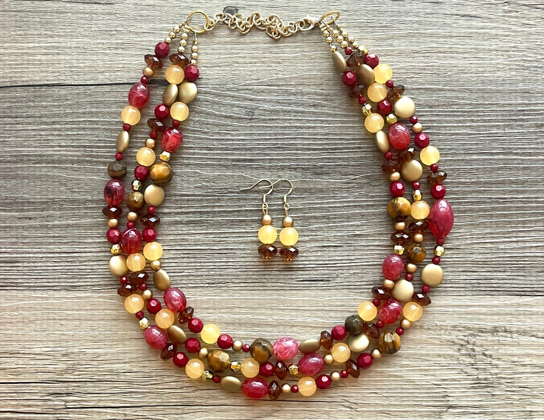Fall Statement Necklace, Red Mustard Gold Necklace, Triple Strand ...