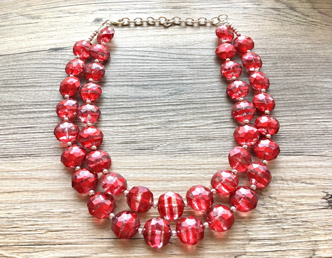Cherry Red Necklace, Double Strand Bright Red Jewelry, Big Beaded ...