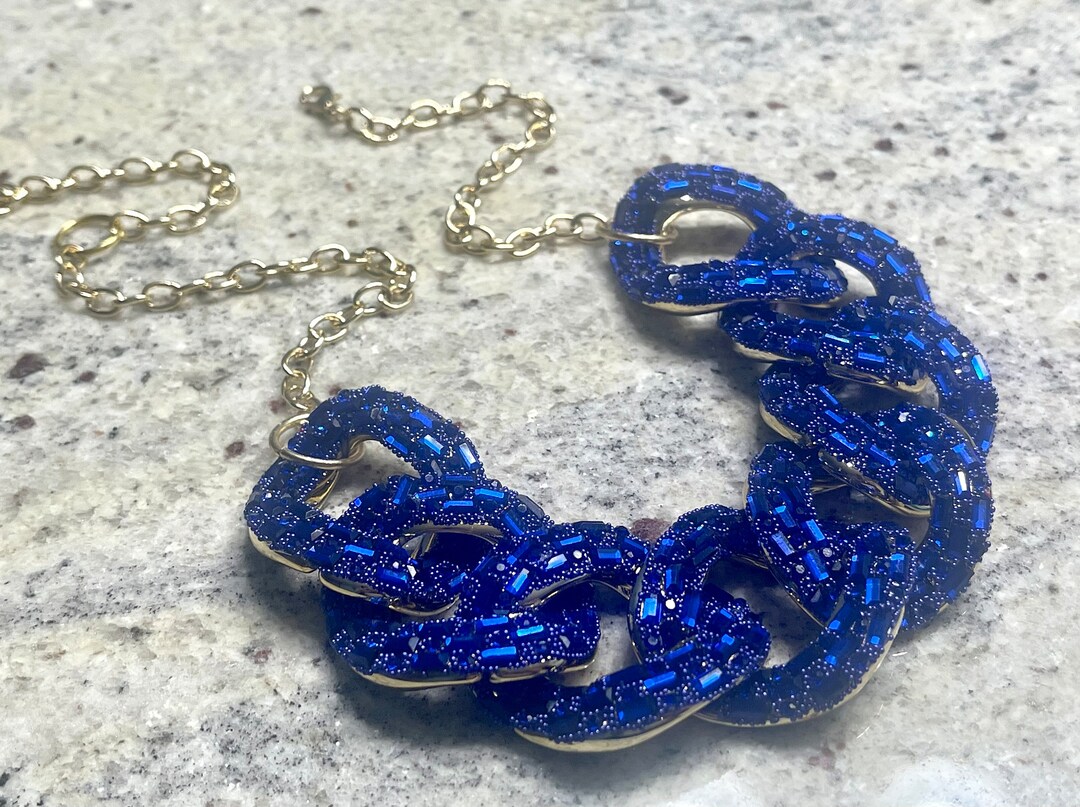 Royal Blue Rhinestone Linking Chain Choker Shirt Necklace, Stunning ...