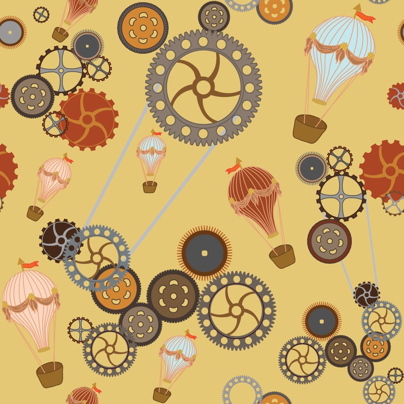 Steampunk Retro Print, Fabric by the Yard, Vintage Gears Fabric, Arts ...
