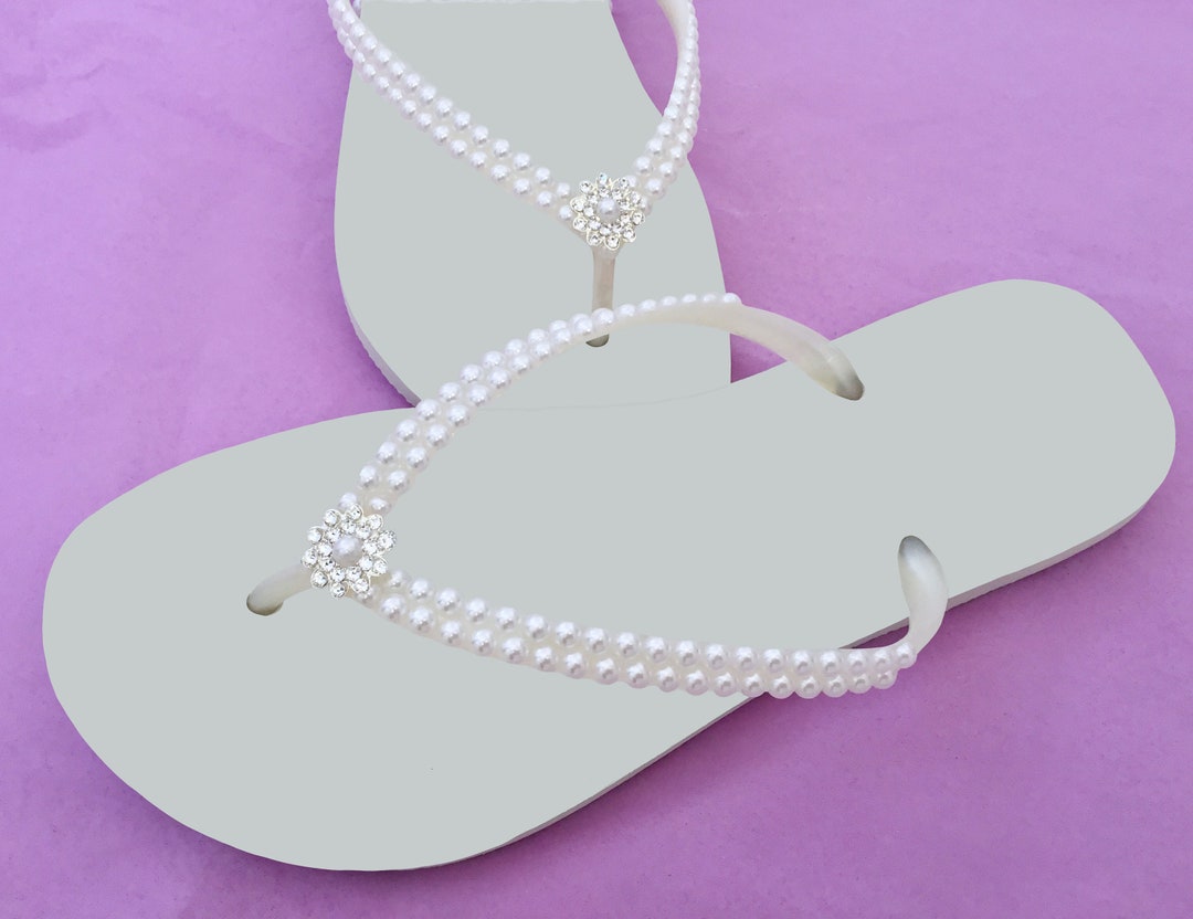 Bridal Pearl Flip Flops: Handmade White Rhinestone Wedding Day Sandals ...