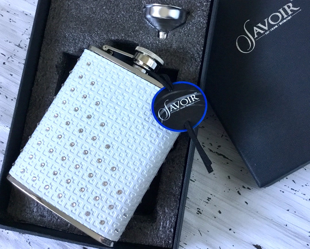 White Leather Alcohol Booze Flask Silver Bling Wedding Stainless Steel ...