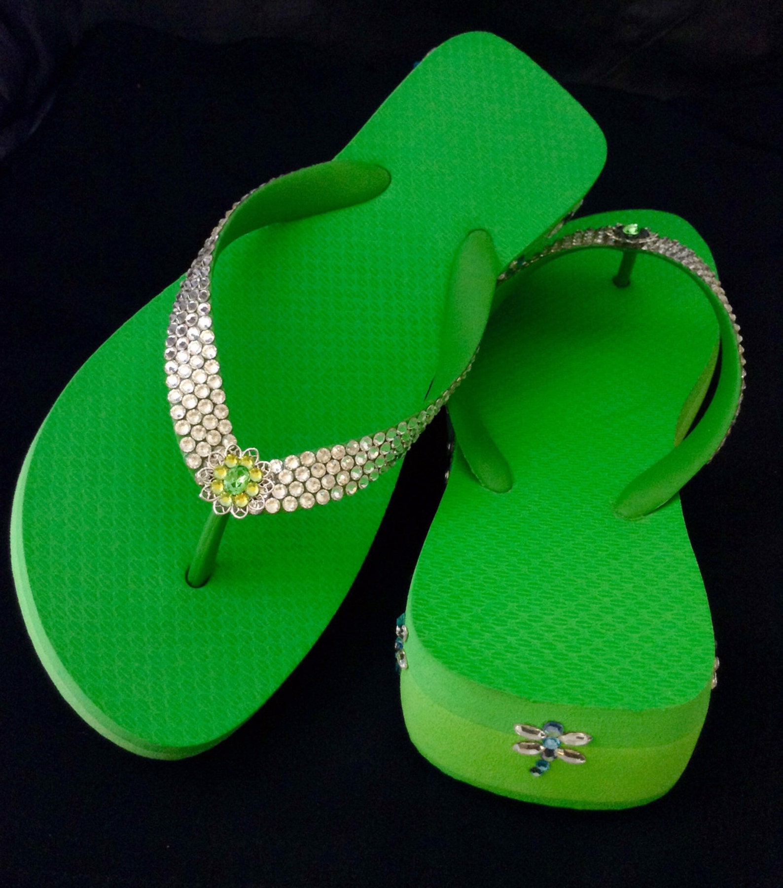 Dragonfly Flip Flops Custom Green Sandals Crystal Good Luck Garden W ...