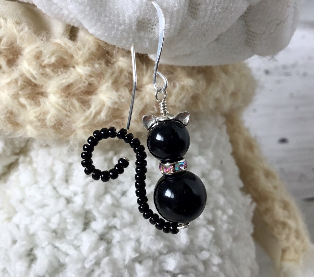 Black Cat Earrings Pendant Charm Crystal Pearl Silver Gold Metal ...