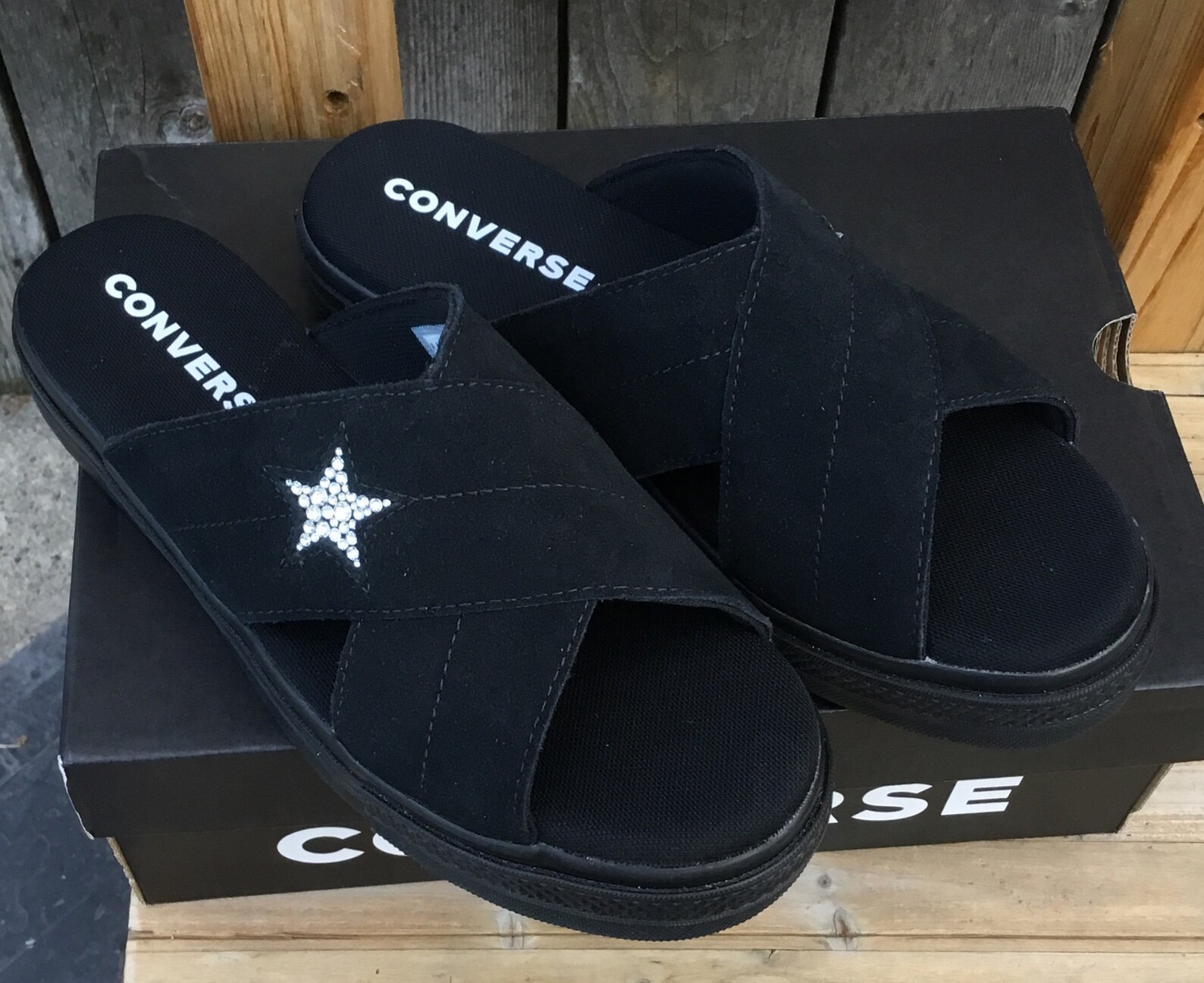 Black Converse One Star Slip on Slide Beach Flip Flops | Etsy