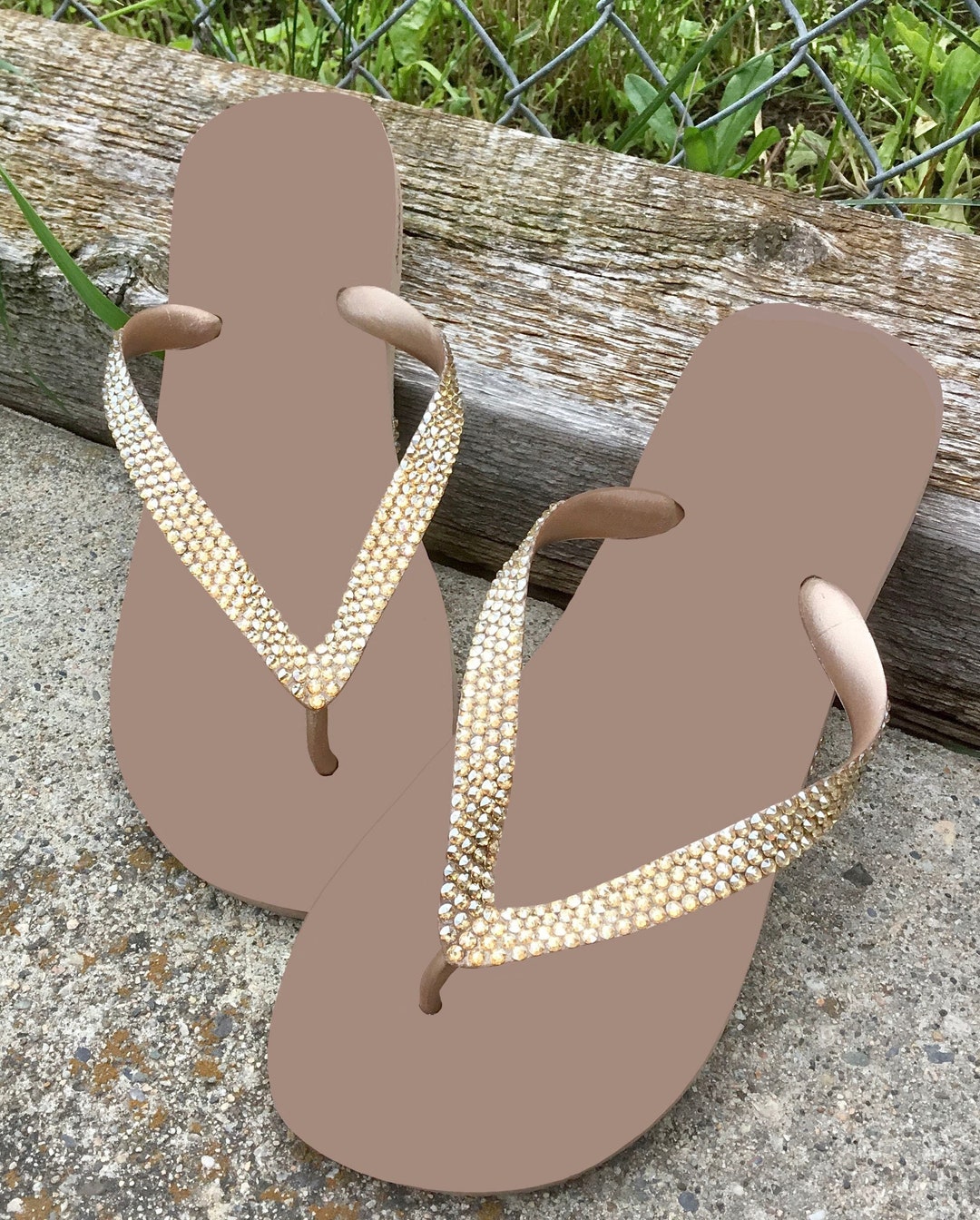 Crystal Flip Flops Rose Gold Wide Strap Top Style Flat Brazil Bling ...