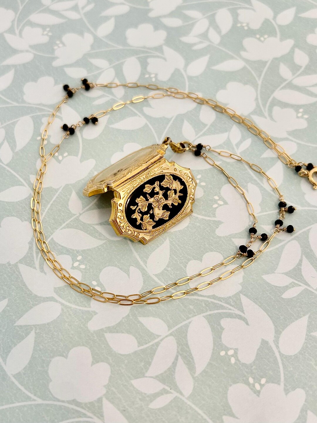Vintage Locket Necklace - Oval Locket Necklace With Black Enamel ...