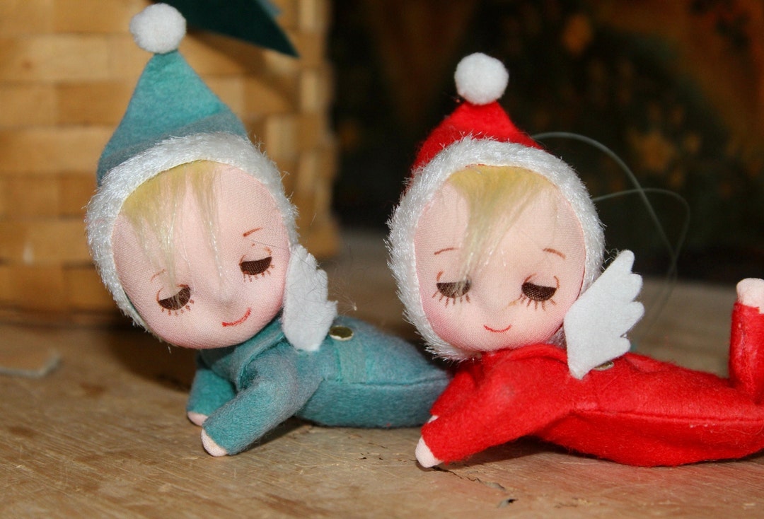 Two Vintage Pixie Ornament Pixie Plush Pixie Christmas Snow Baby Snow Babies Flocked Ornaments ...