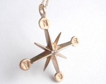 Compass Wind Rose 14K Yellow Gold Diamond Necklace | Etsy