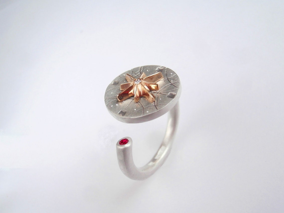 Mini Compass Ring in Sterling Silver With 10K Gold Center and a Diamond ...