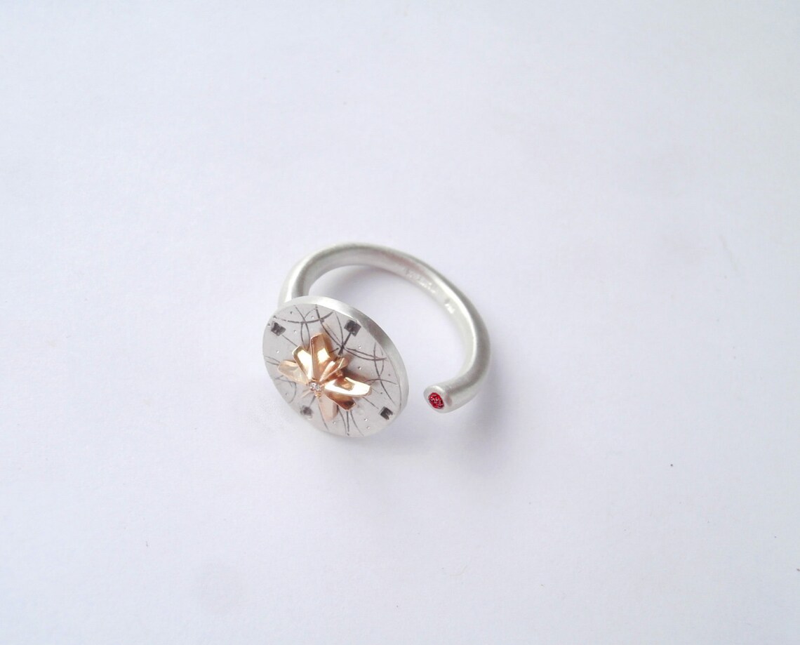 Mini Compass Ring in Sterling Silver With 10K Gold Center and a Diamond ...