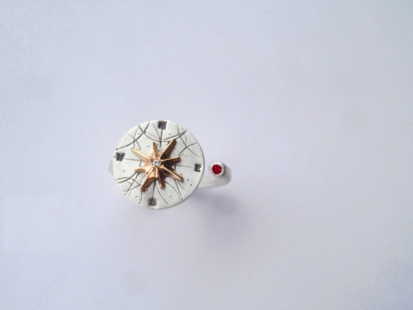 Mini Compass Ring in Sterling Silver With 10K Gold Center and a Diamond ...
