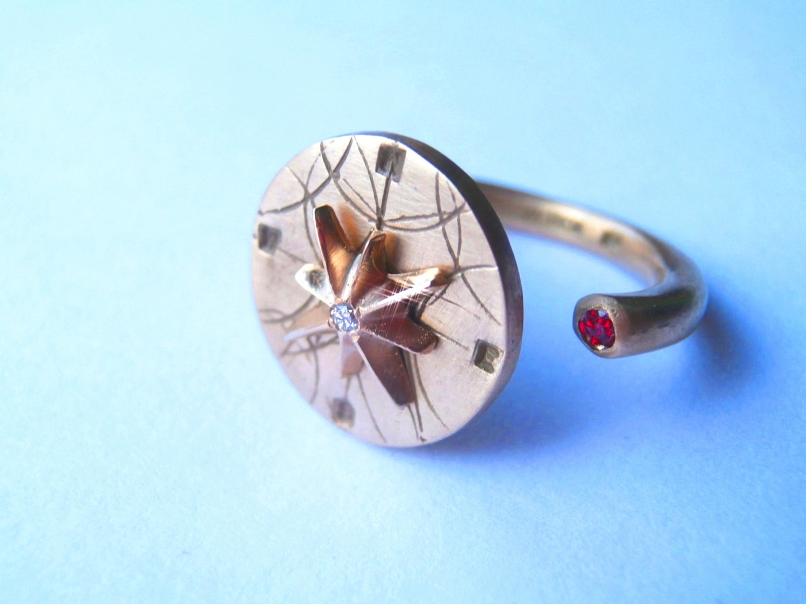 Mini Compass Gold Ring Diamond and Ruby | Etsy