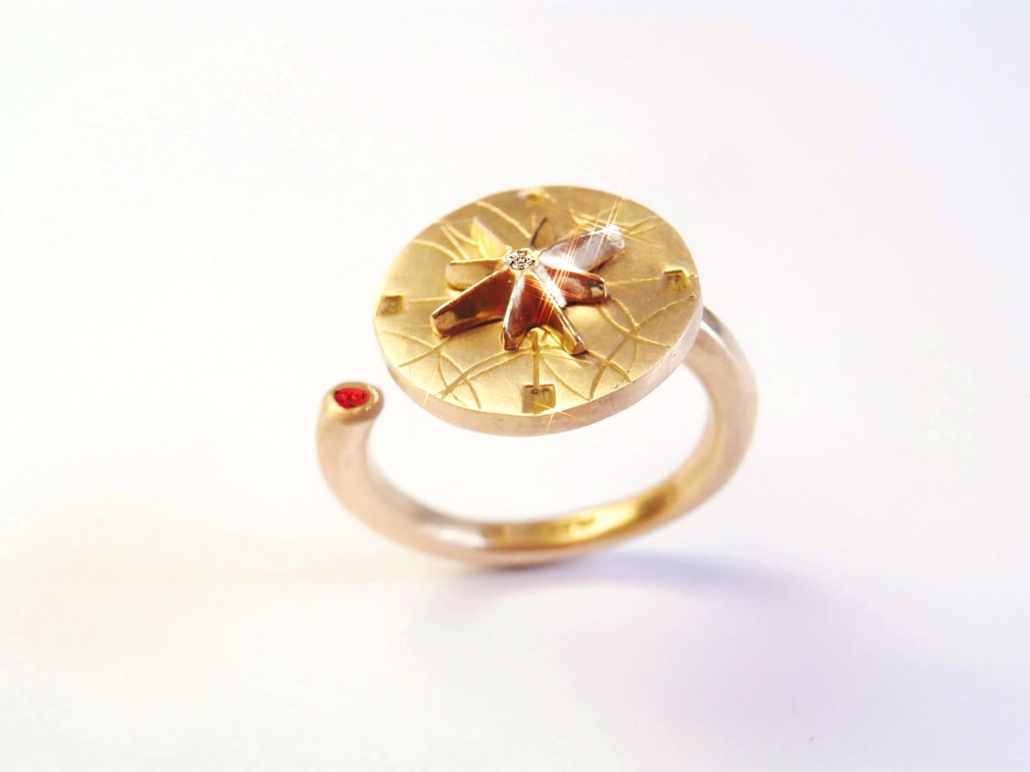 Mini Compass Gold Ring Diamond and Ruby | Etsy