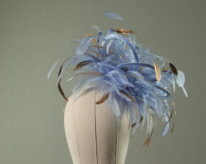 Cornflower Blue and Gold Feather Fascinator Hat - Wedding, Ladies Day ...