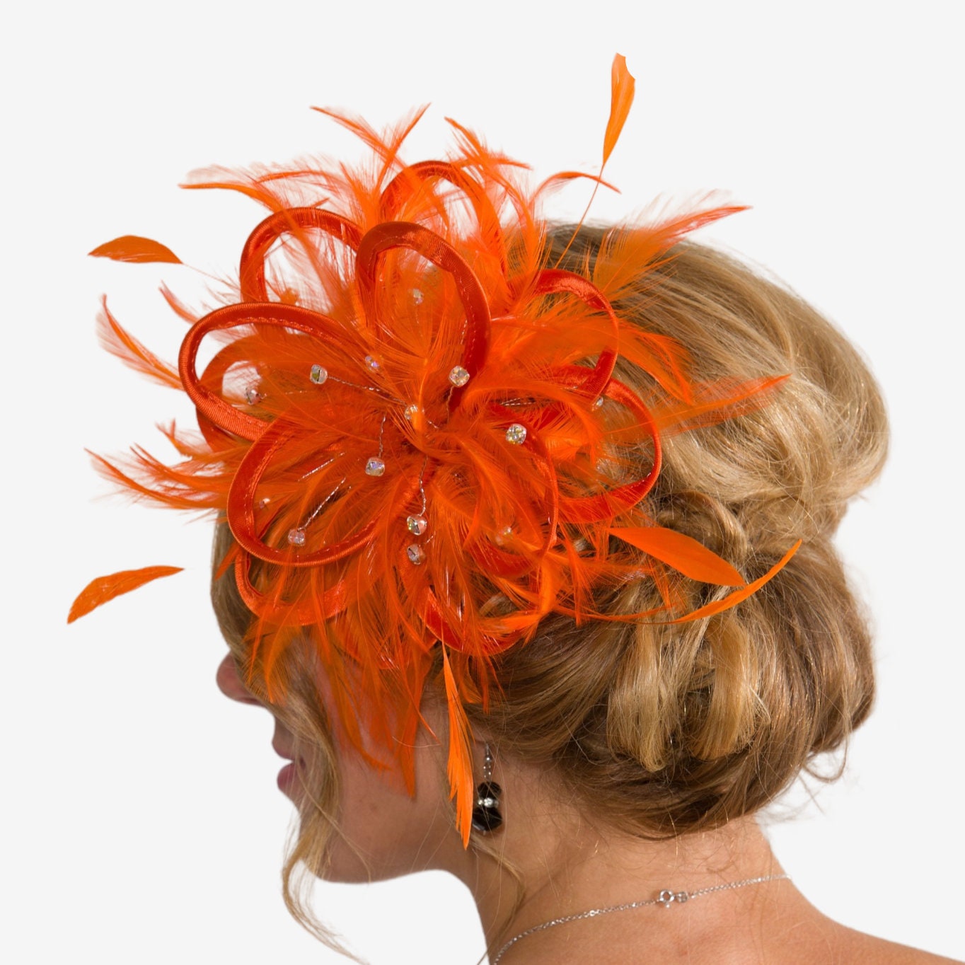 Orange Rhinestone Diamante Satin Feather Fascinator Hat - Wedding ...