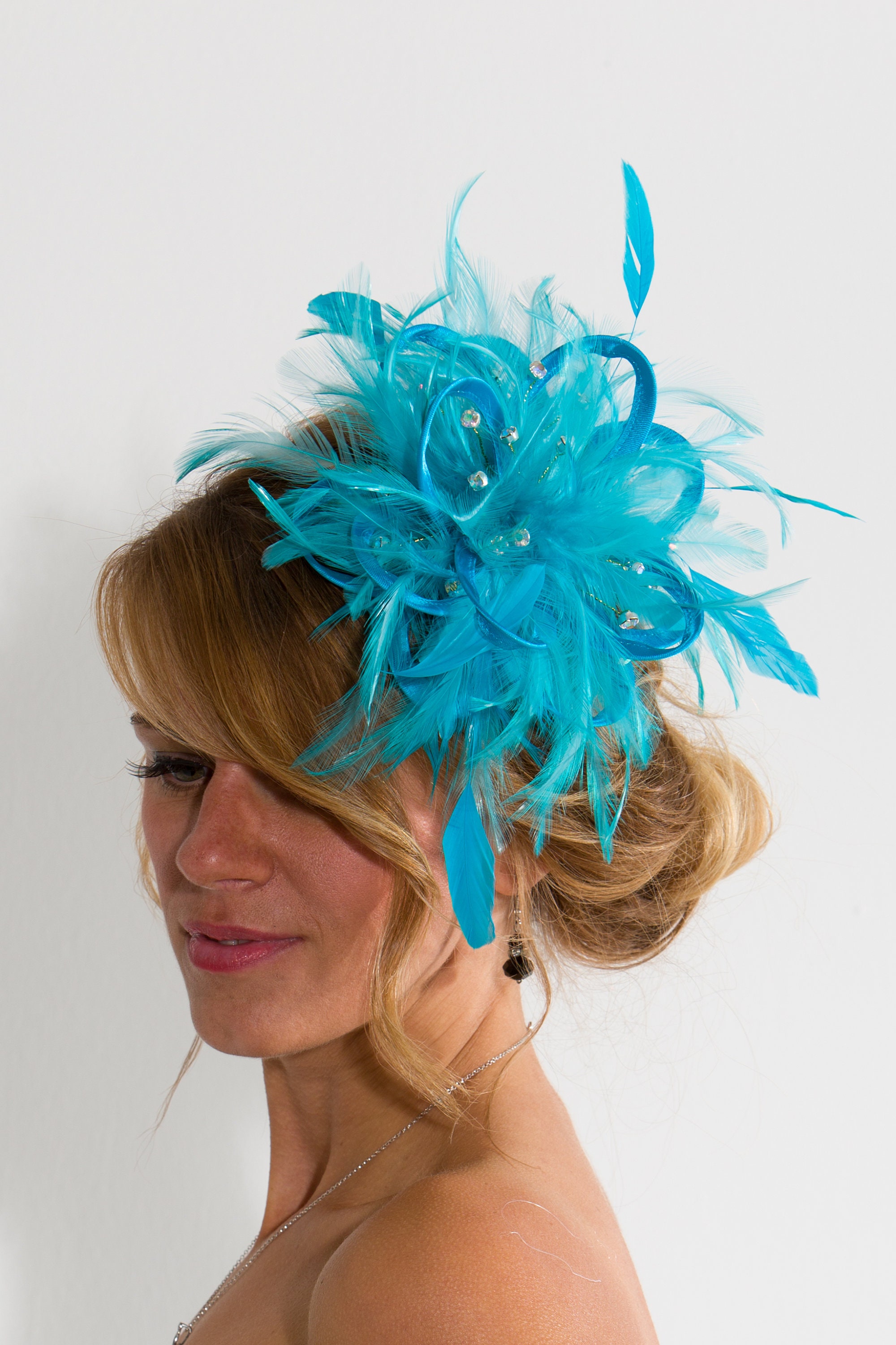 Turquoise Blue Rhinestone Diamante Satin Feather Fascinator - Etsy UK