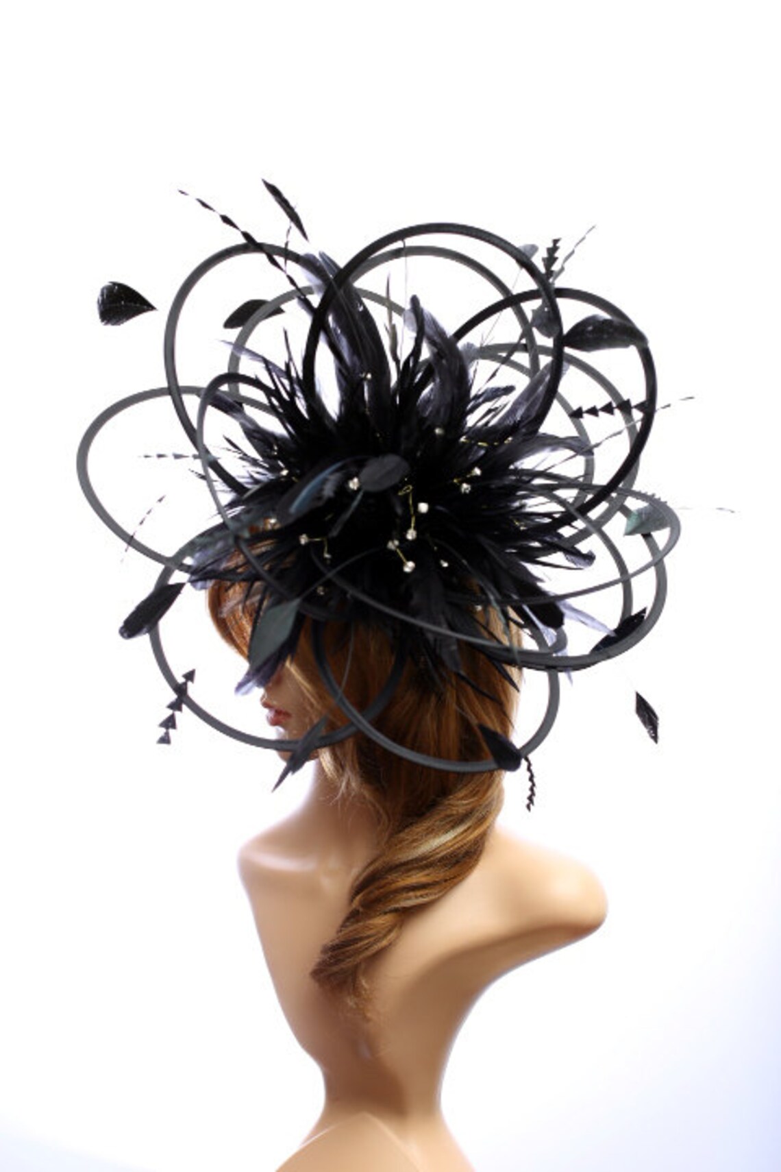 Large Black Rhinestone Diamante Feather Fascinator Hat - Etsy UK