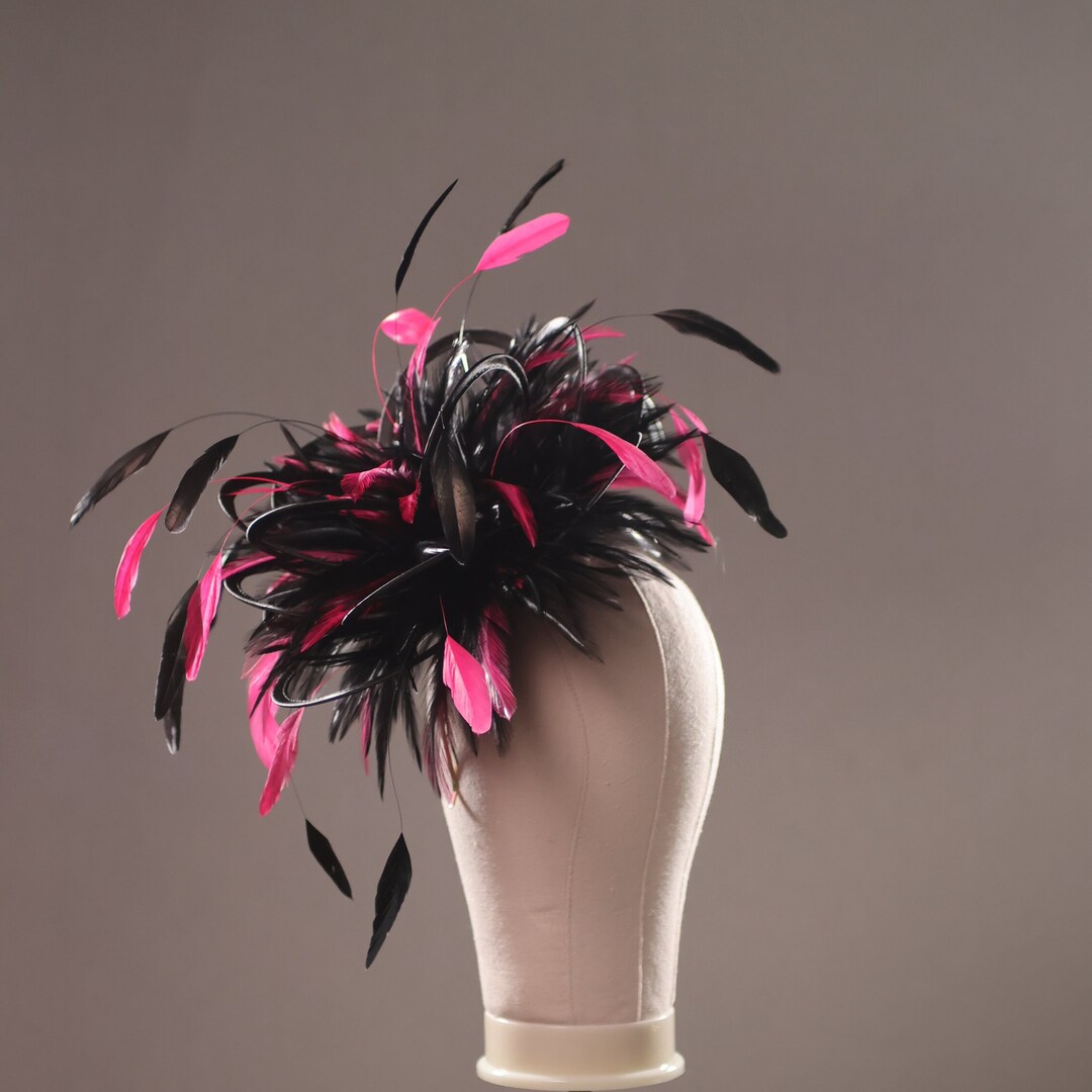 Black and Cerise Hot Pink Satin Feather Fascinator Hat - Wedding ...