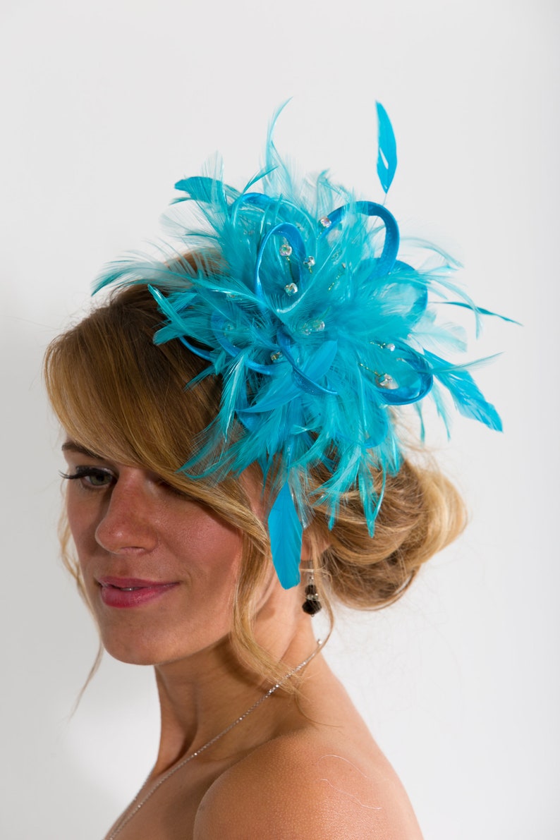 Turquoise Blue Rhinestone Diamante Satin Feather Fascinator - Etsy UK