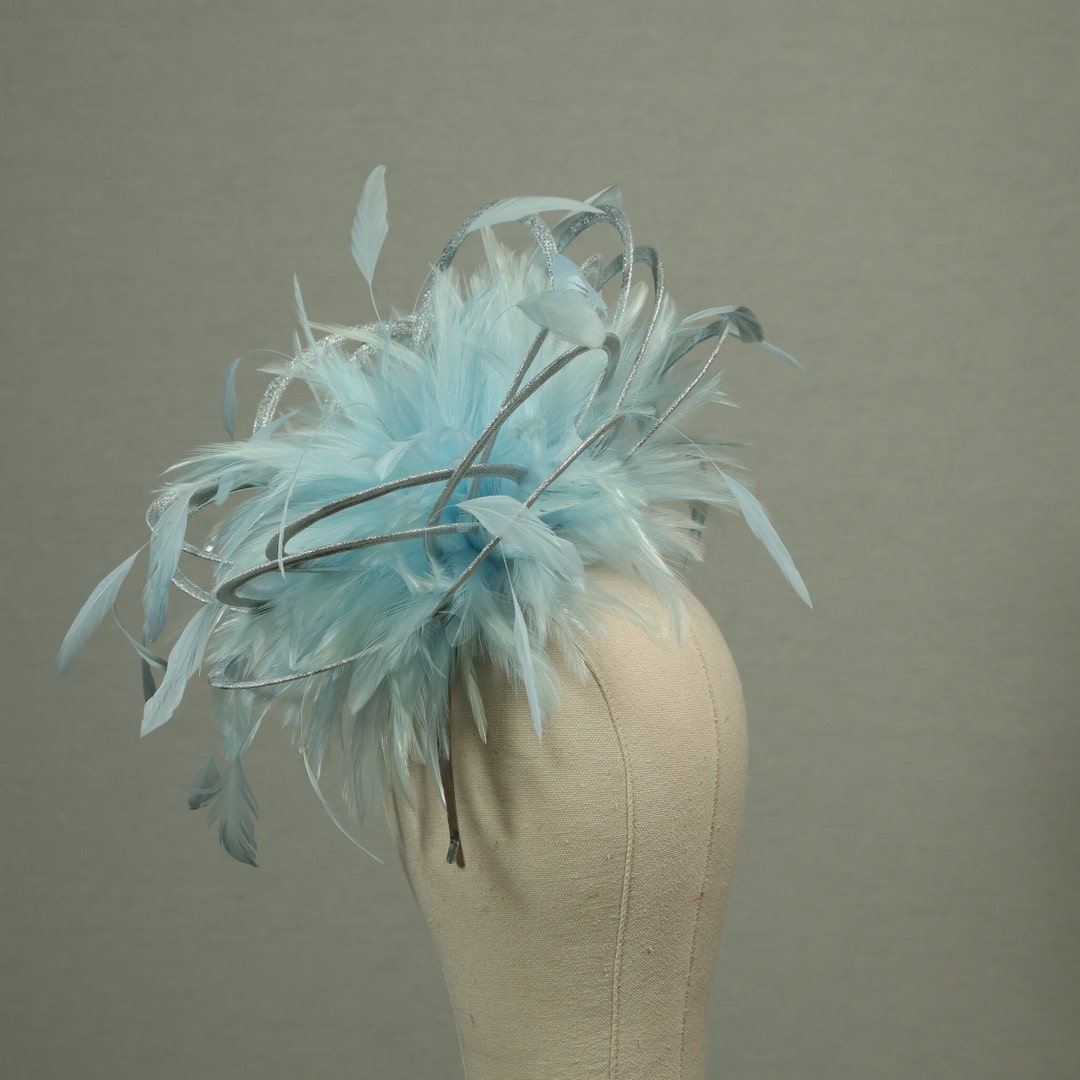 Silver Sparkle Lurex Satin and Baby Blue Feather Fascinator Hat-wedding ...