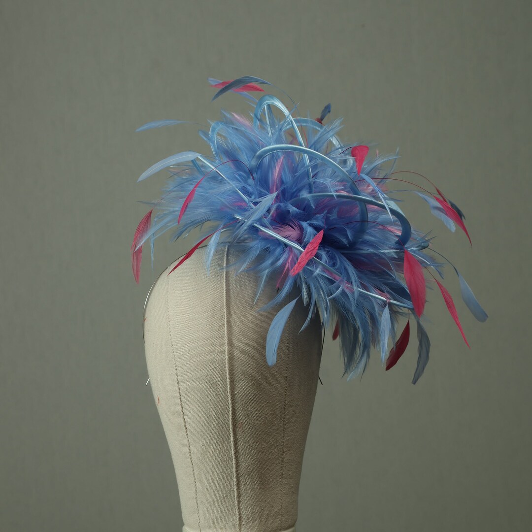 Cornflower Blue and Lipstick Pink Feather Fascinator Hat - Wedding ...