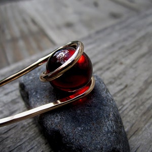 Mini Deep Red Hair Fork in Bronze With Glass Sphere - Fine Hair - Half ...
