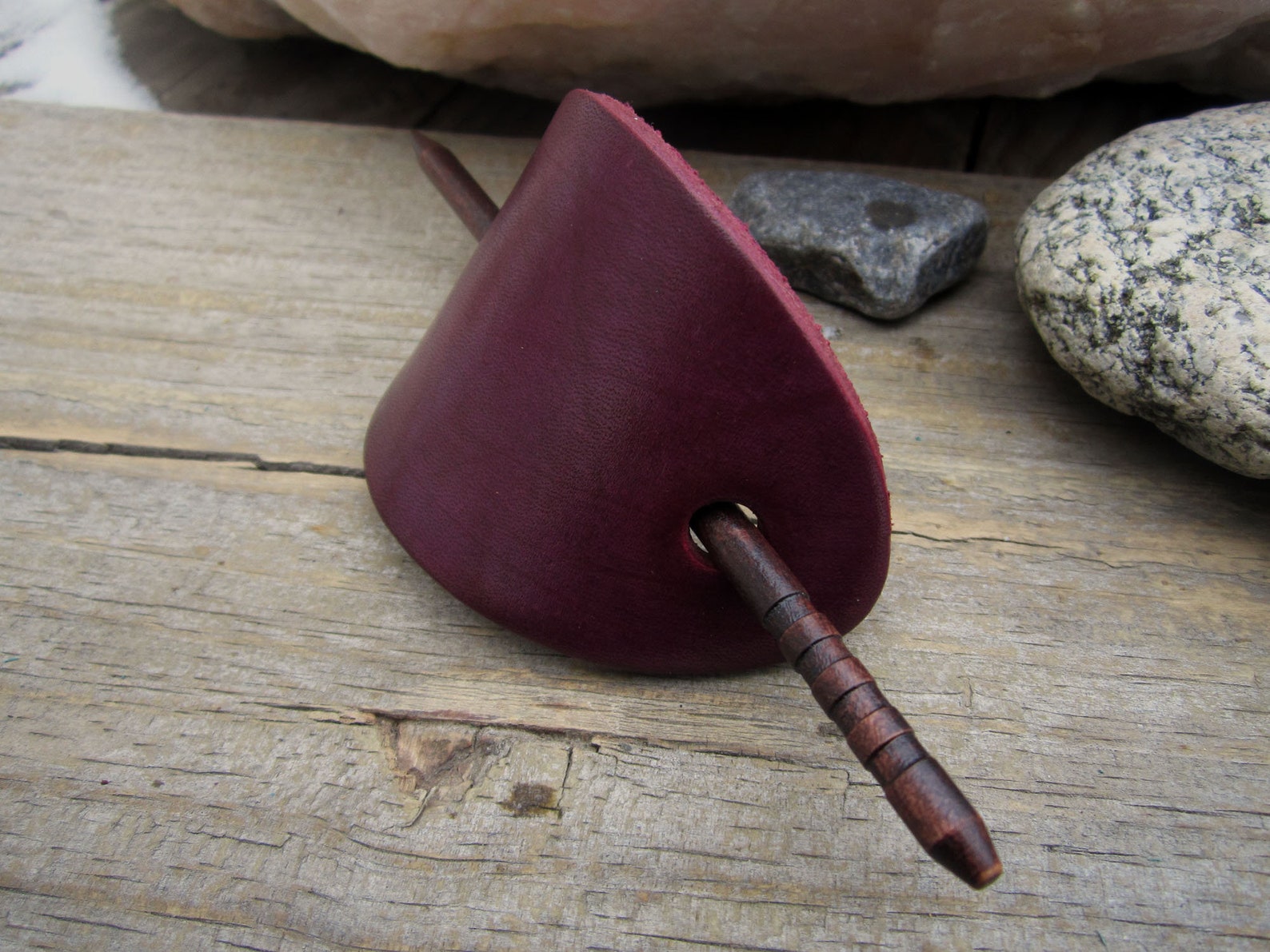 Burgundy Hand Dyed Leather Barrette With Wooden Stick - Etsy