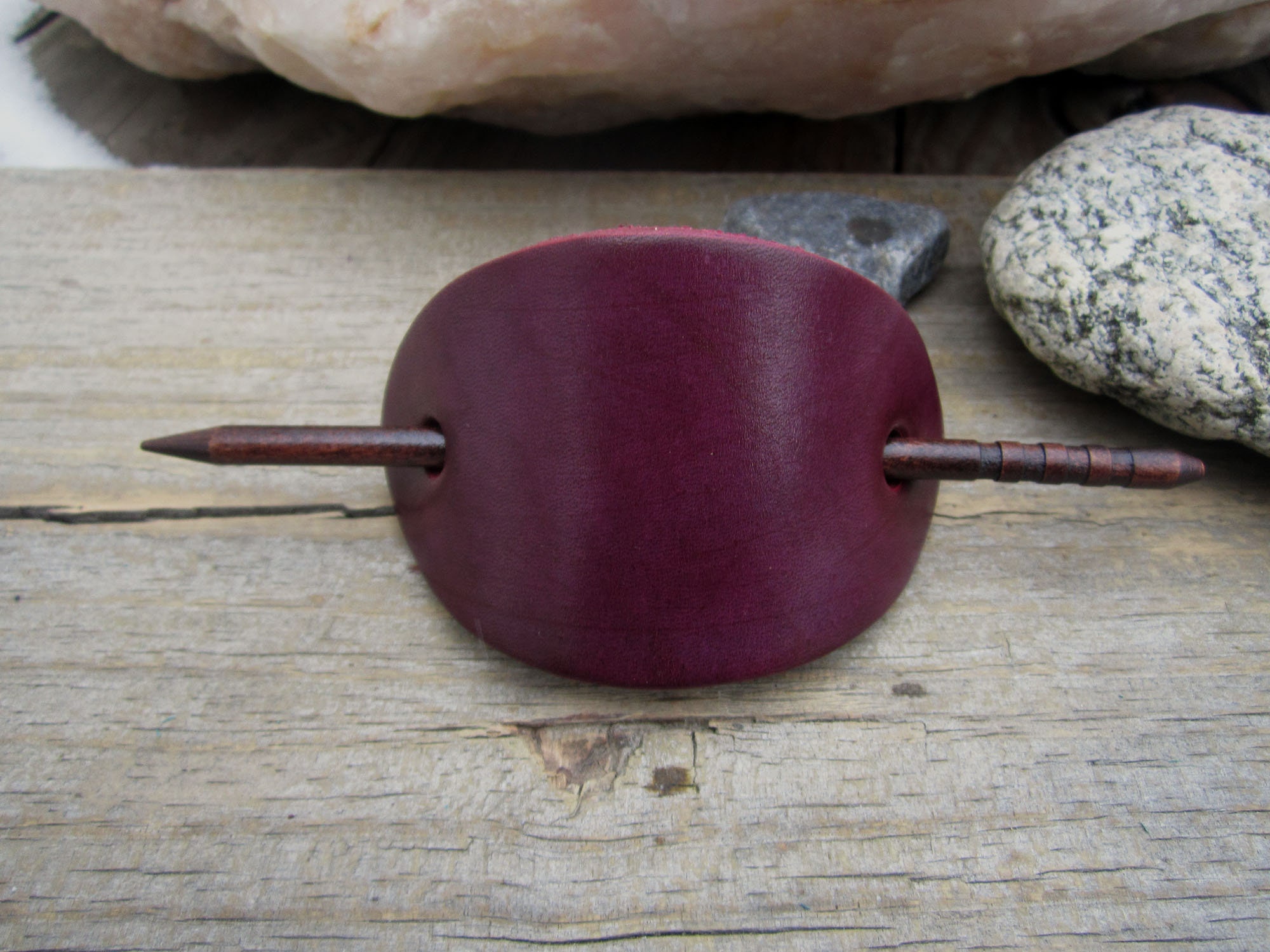 Burgundy Hand Dyed Leather Barrette With Wooden Stick - Etsy