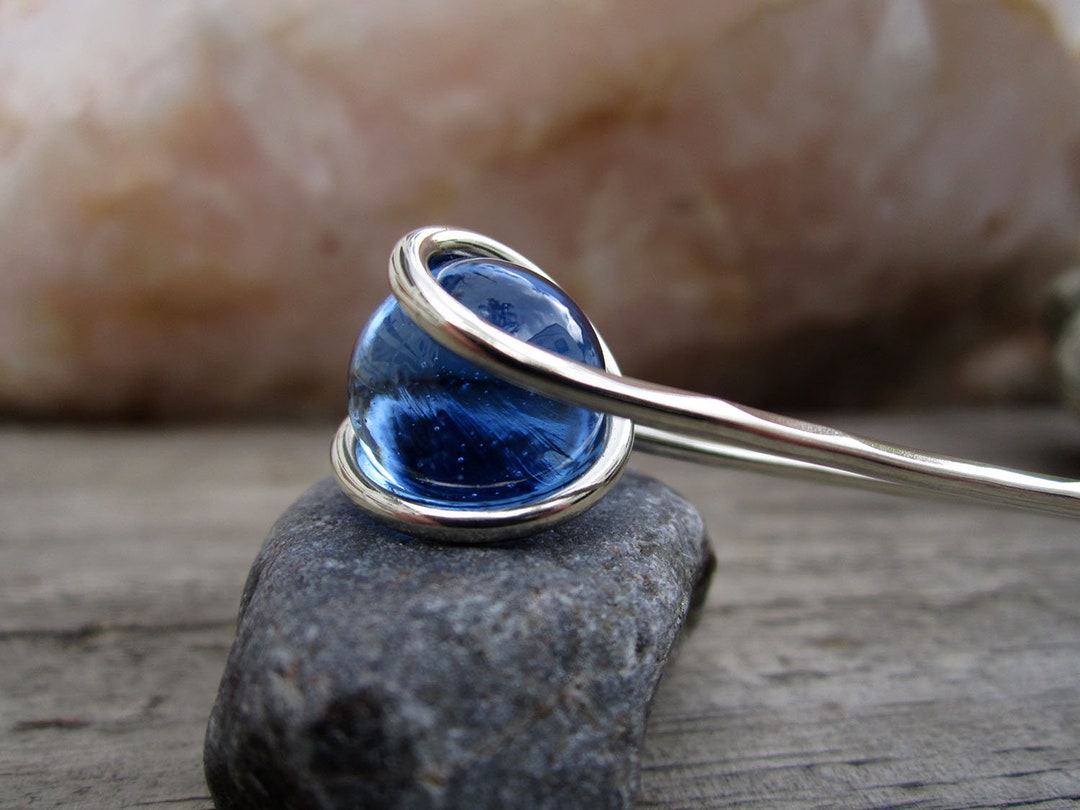 Mini Deep Blue Nickel Silver Hair Fork With Glass Sphere - Fine Hair ...