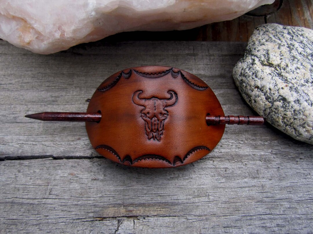 Cow Skull Hand Tooled Leather Barrette With Wooden Stick Leather Hair ...