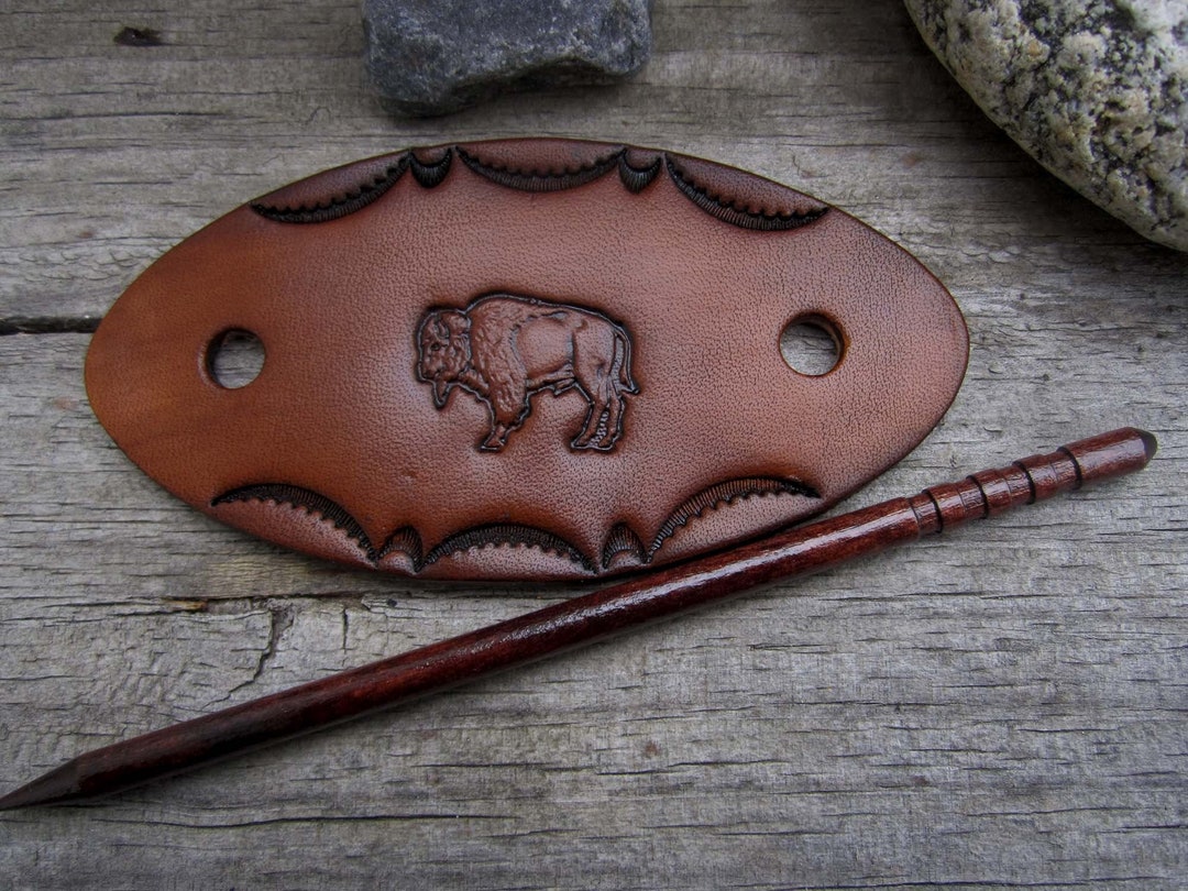 Buffalo Hand Tooled Leather Barrette With Wooden Stick - Leather Hair ...